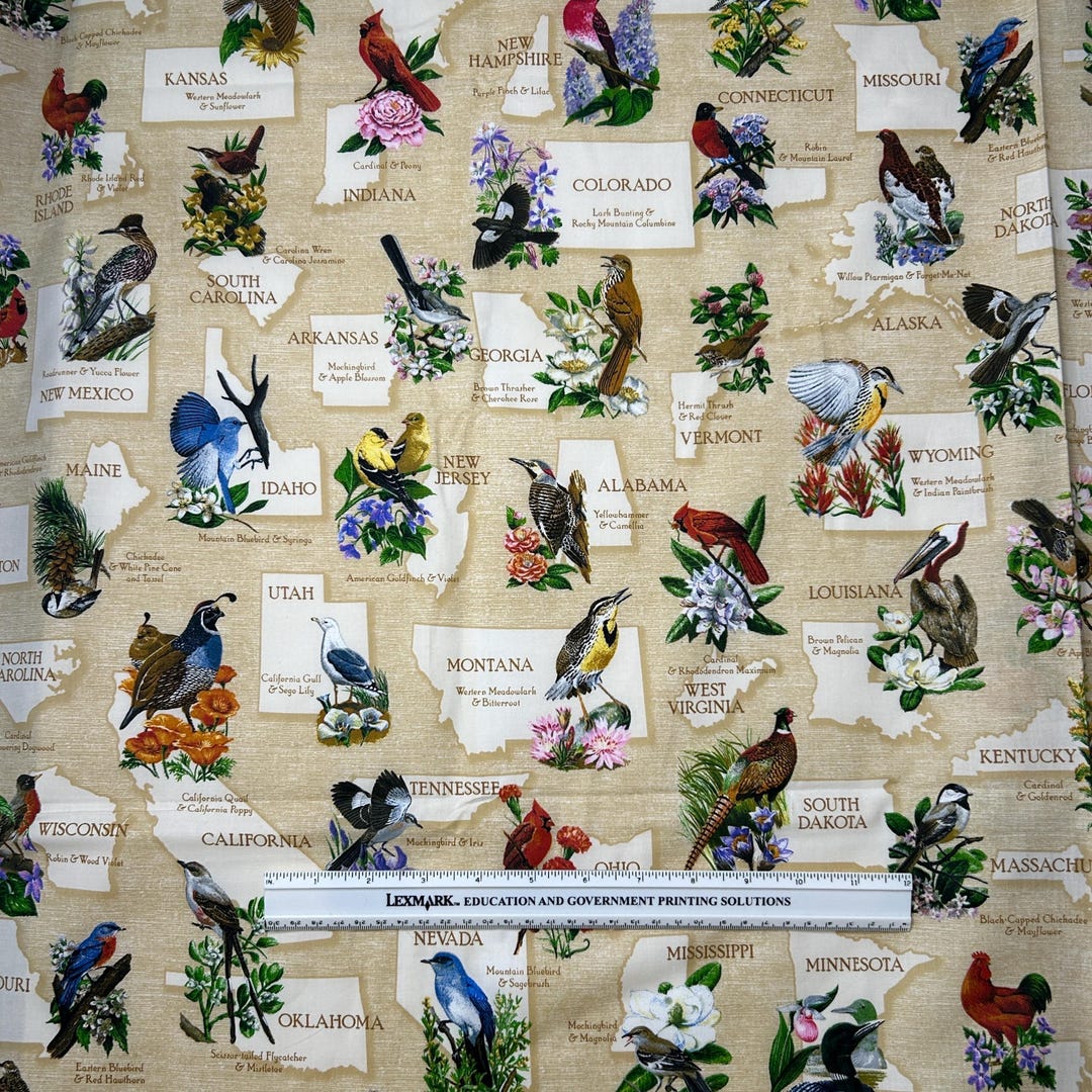 Vintage Cranston Fabric, USPS State Birds and Flowers, Soft Cotton ...