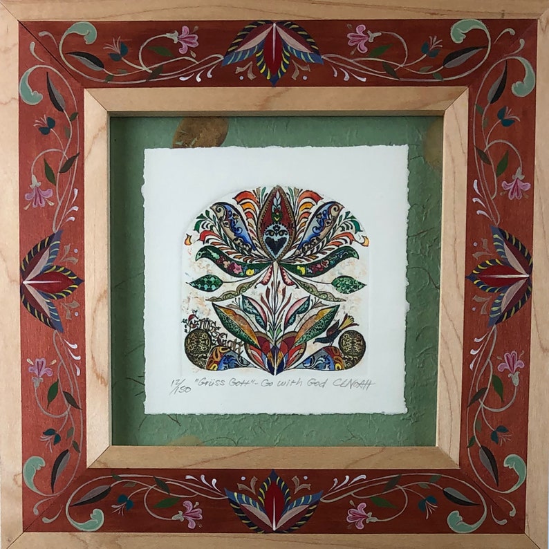 Pennsylvania Dutch-inspired Etching "gruss Gott" in a Decorated Maple ...