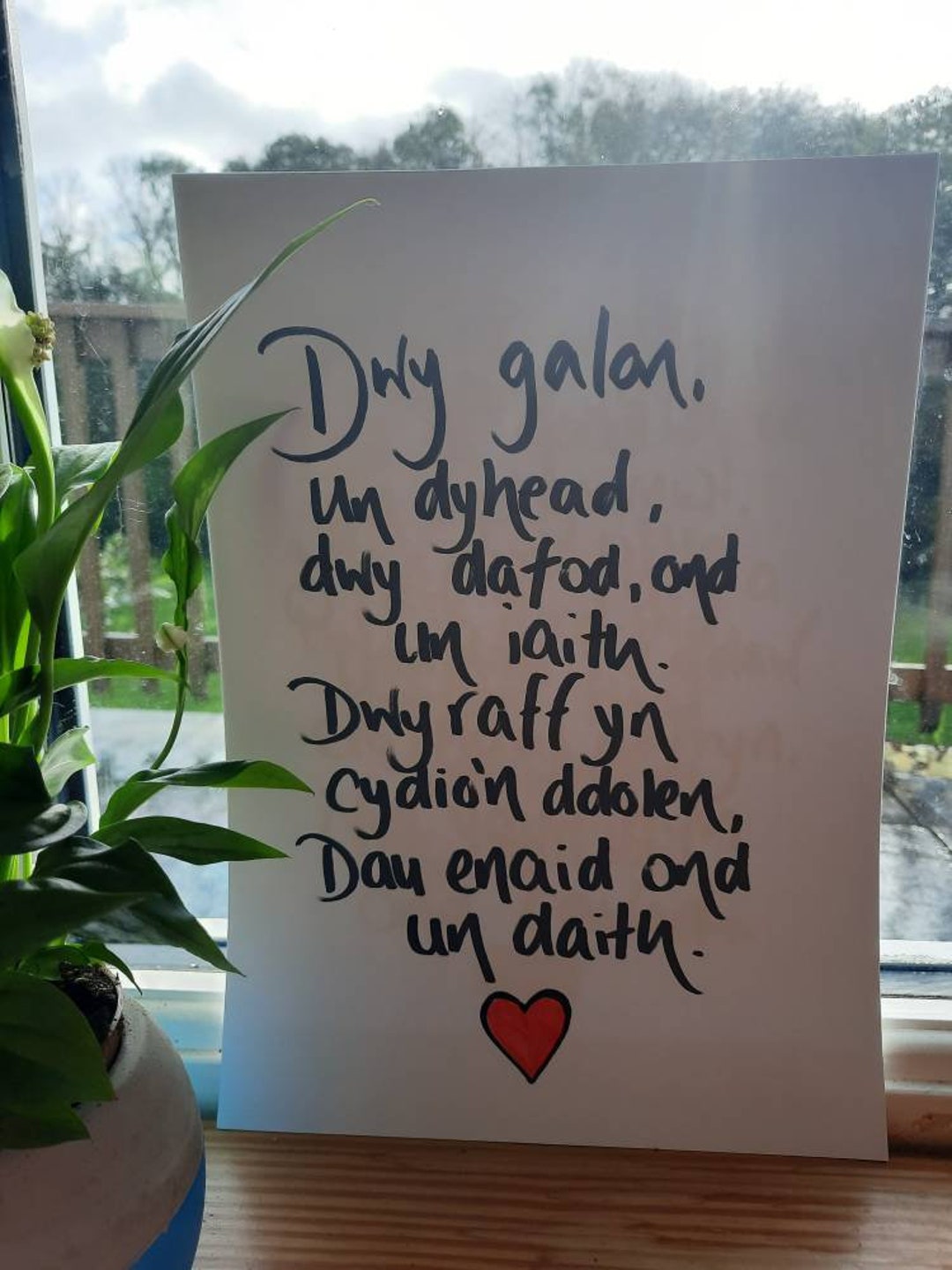 Dwy Galon, Un Dyhead Print, Welsh Gift, Welsh Sayings. Handwritten A4 ...