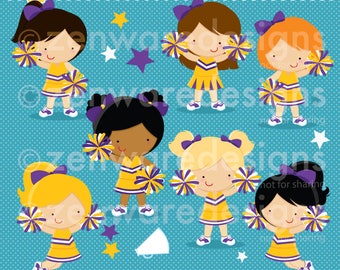 FULL Set Purple and Gold Cheerleader Clipart, Watercolor Cheer Clipart ...