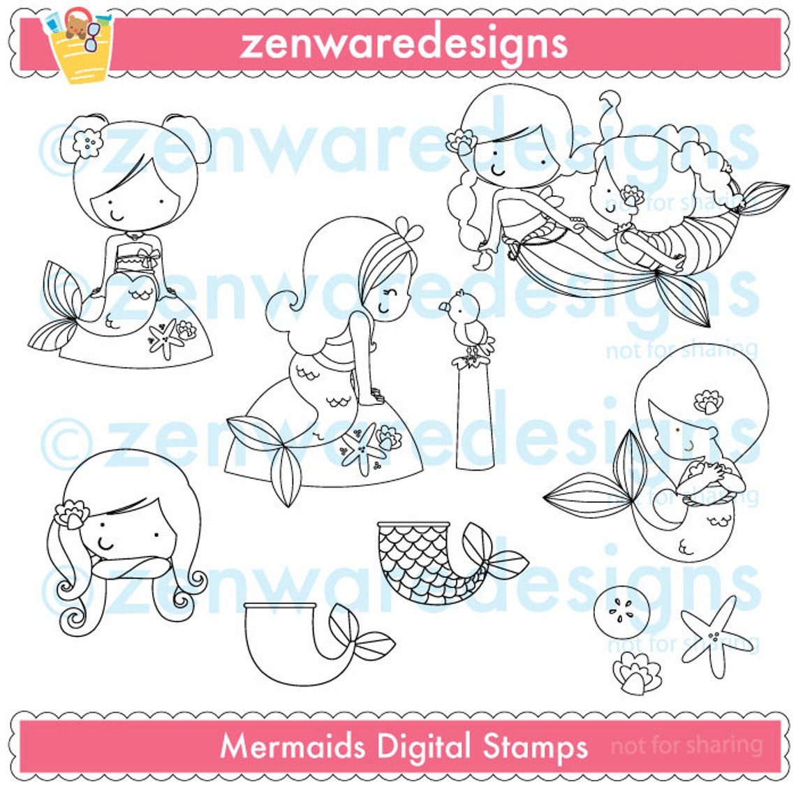 Mermaid Digital Stamps Clipart | Etsy