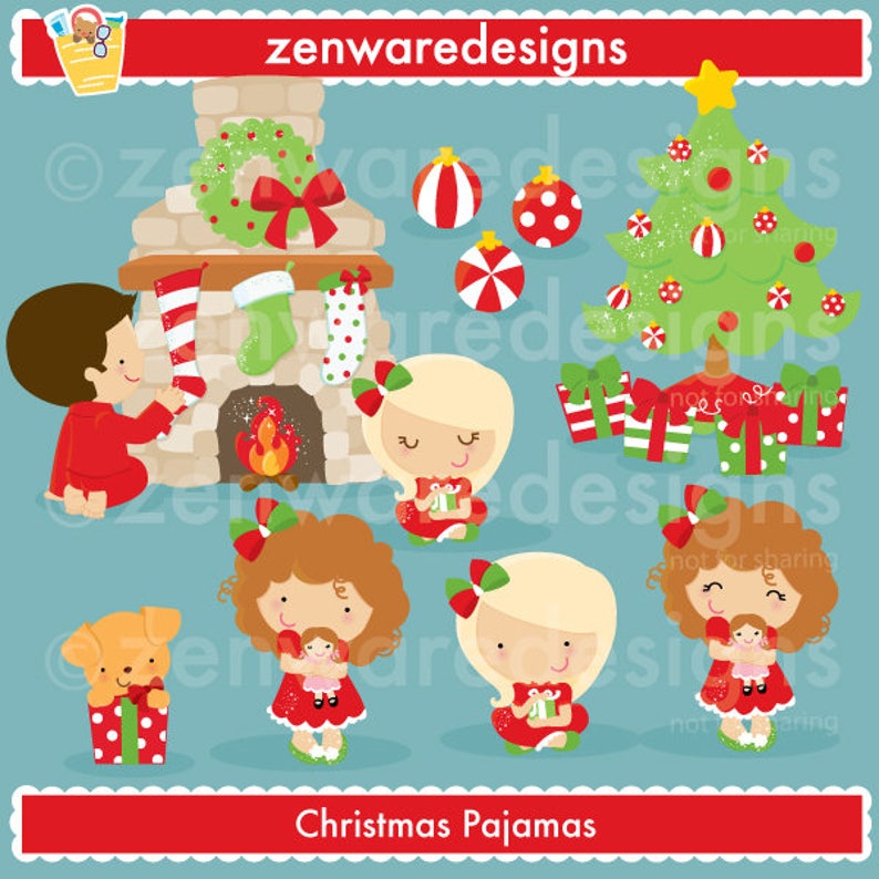 Children in Christmas Pajamas Clipart - Etsy