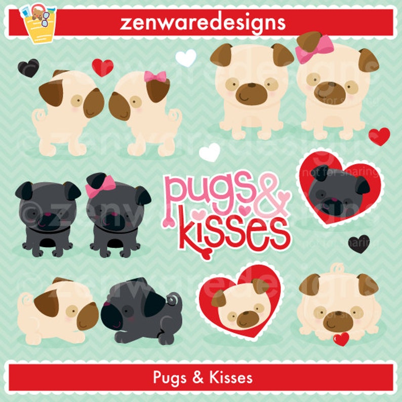 Pugs and Kisses Valentine Clipart - Etsy