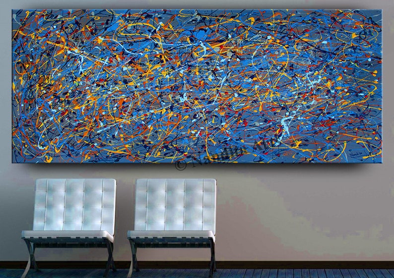 Large Blue Jackson Pollock Style Painting: Modern Abstract Canvas Art ...