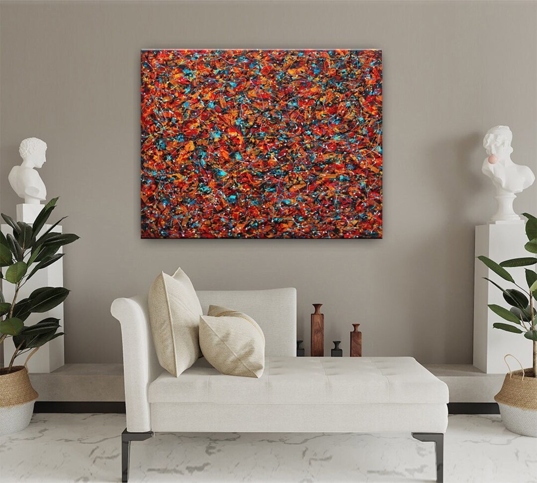 Original Jackson Pollock Style Abstract Painting: 48" Red Blue Wall Art ...