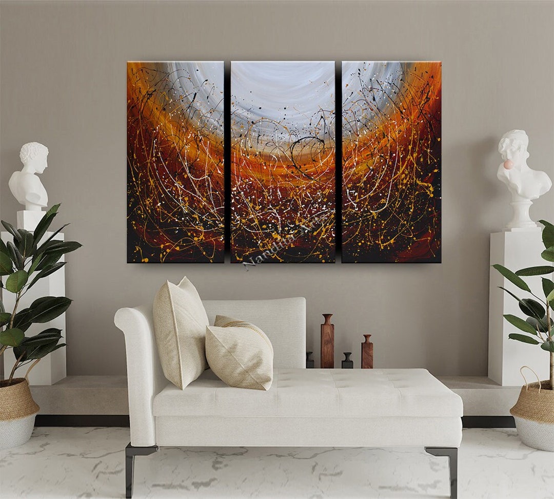 Modern Red Orange Jackson Pollock Style Canvas Artwork, Triptych ...