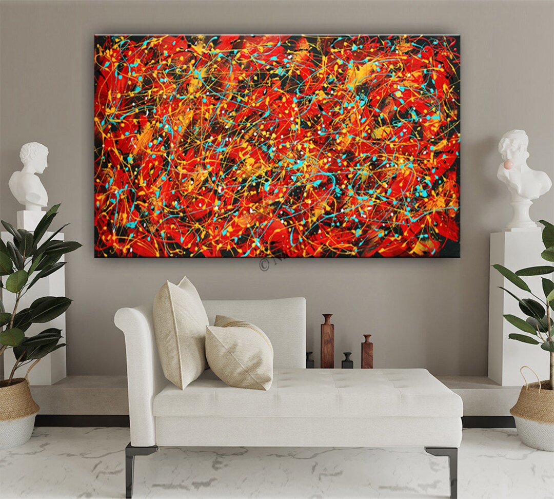 Red Large Modern Painting on Canvas, Jackson Pollock Style Luxury Large ...