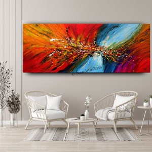 Large Jackson Pollock Style Abstract Painting: Red, Blue, Orange, 72 ...
