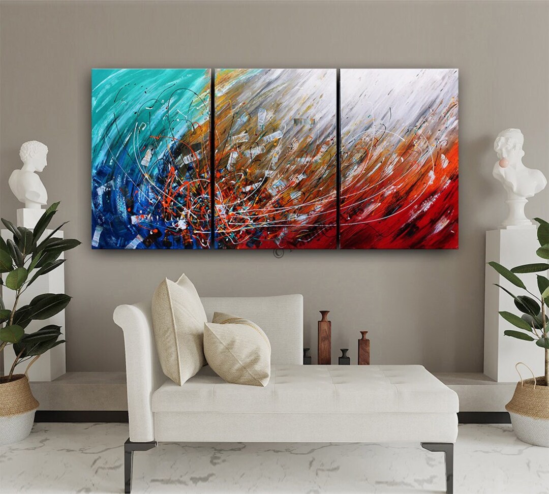 Modern Abstract Canvas Art, Tryptic Red Blue Livingroom or Bedroom Wall ...