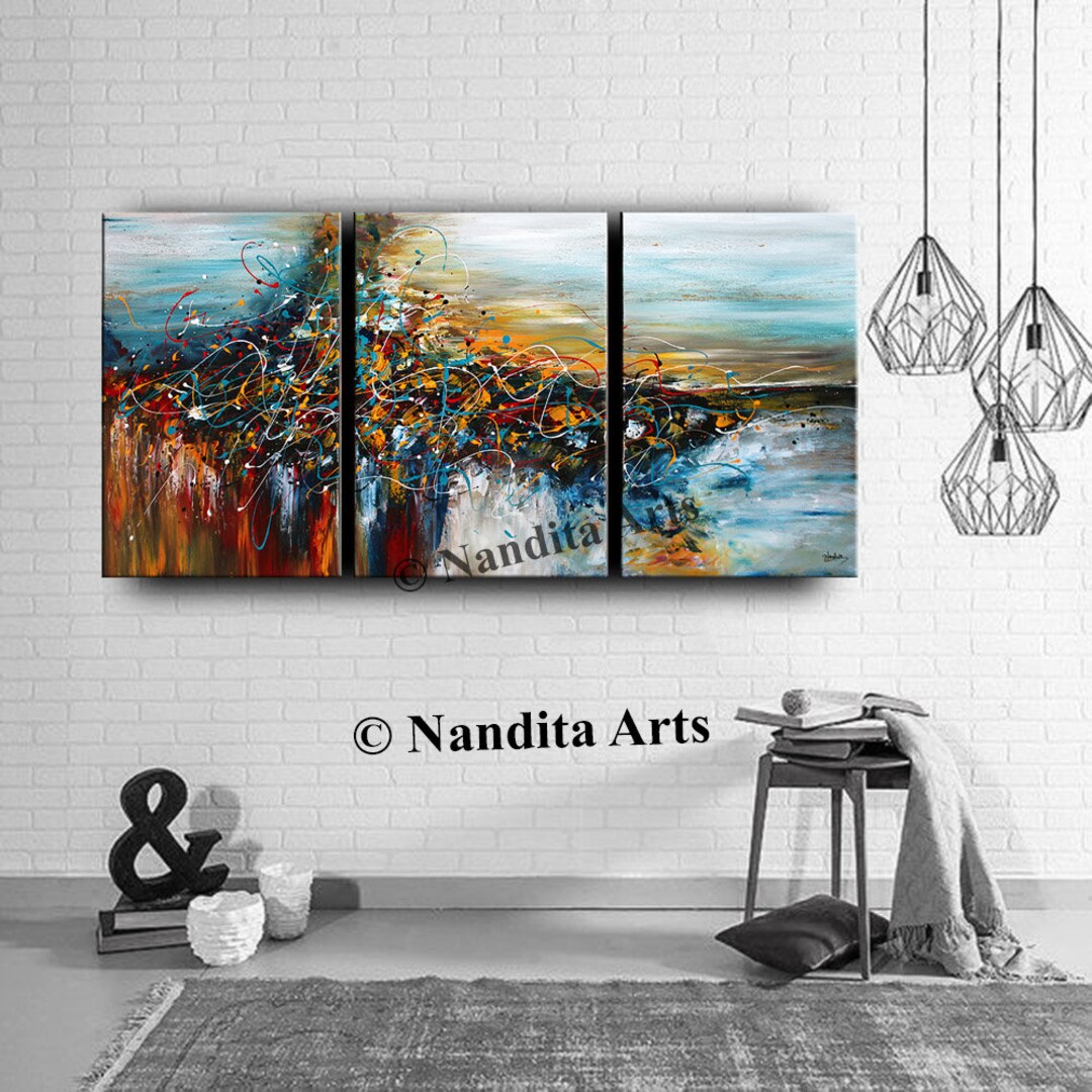 Vibrant Horizon Triptych Abstract Painting - 3 Panel Modern Canvas Art ...