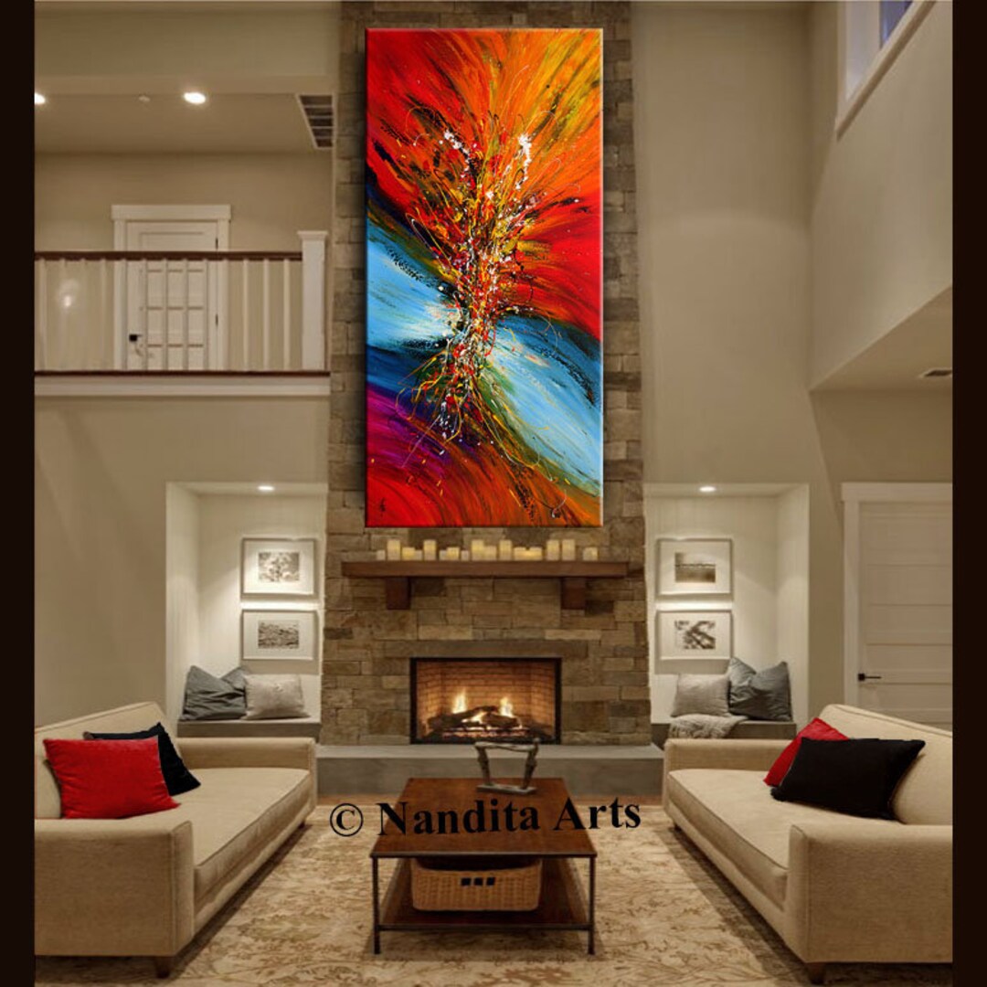Large Jackson Pollock Style Abstract Painting: Red, Blue, Orange, 72 ...