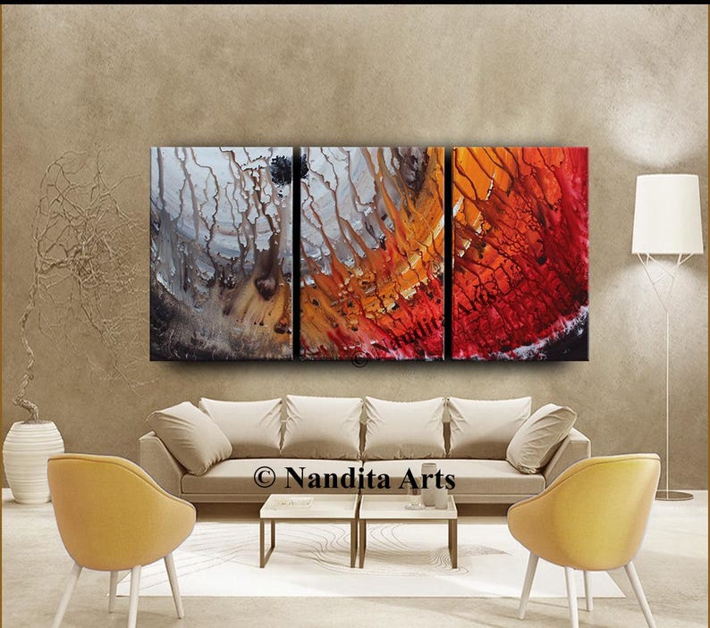 Original Abstract Acrylic Pour Triptych: Modern Multicolor Canvas Wall ...