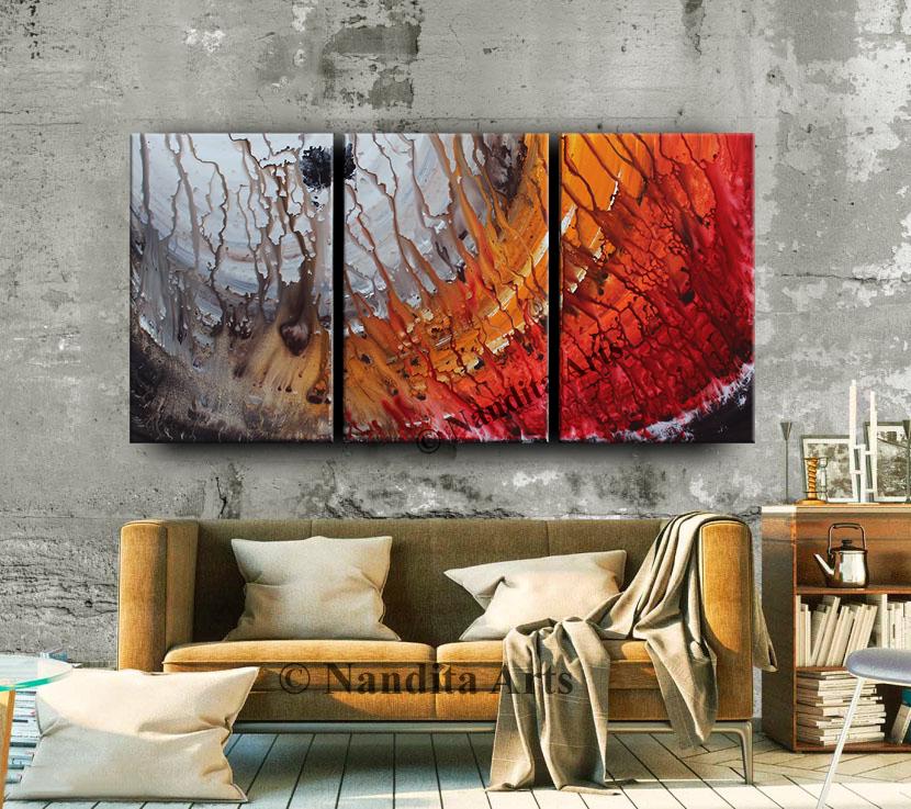 Original Abstract Acrylic Pour Triptych: Modern Multicolor Canvas Wall ...