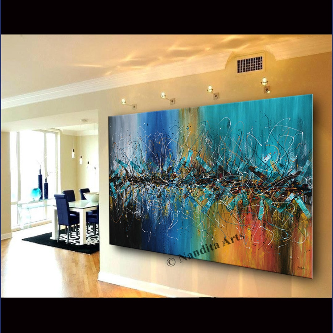 Large Abstract Painting: Jackson Pollock Style, Blue Teal Wall Art (72 ...