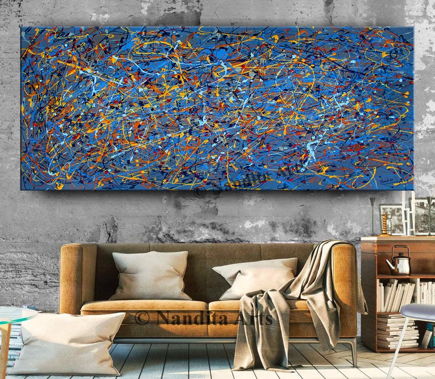 Large Blue Jackson Pollock Style Painting: Modern Abstract Canvas Art ...