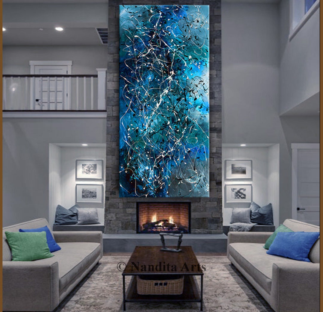 Teal Blue Jackson Pollock Style Wall Art on Canvas by Nandita Handmade ...