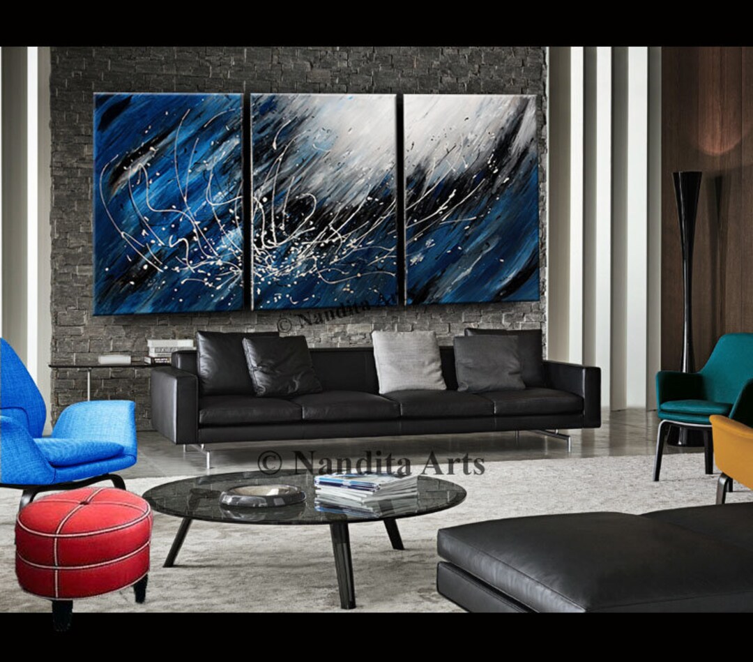 Set of 3 Panels Abstract Blue Wall Art, Blue Painting Cool Tone Large ...