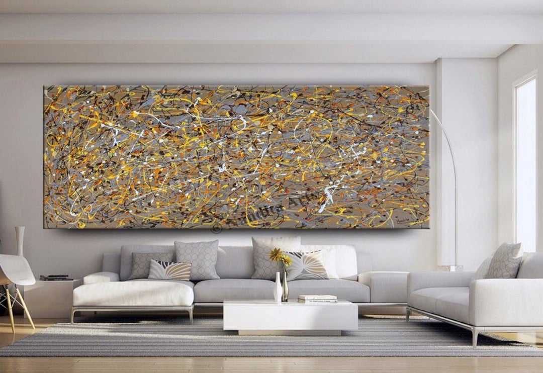 Jackson Pollock Style Abstract Oil Painting: Gold, Brown, and Gray ...