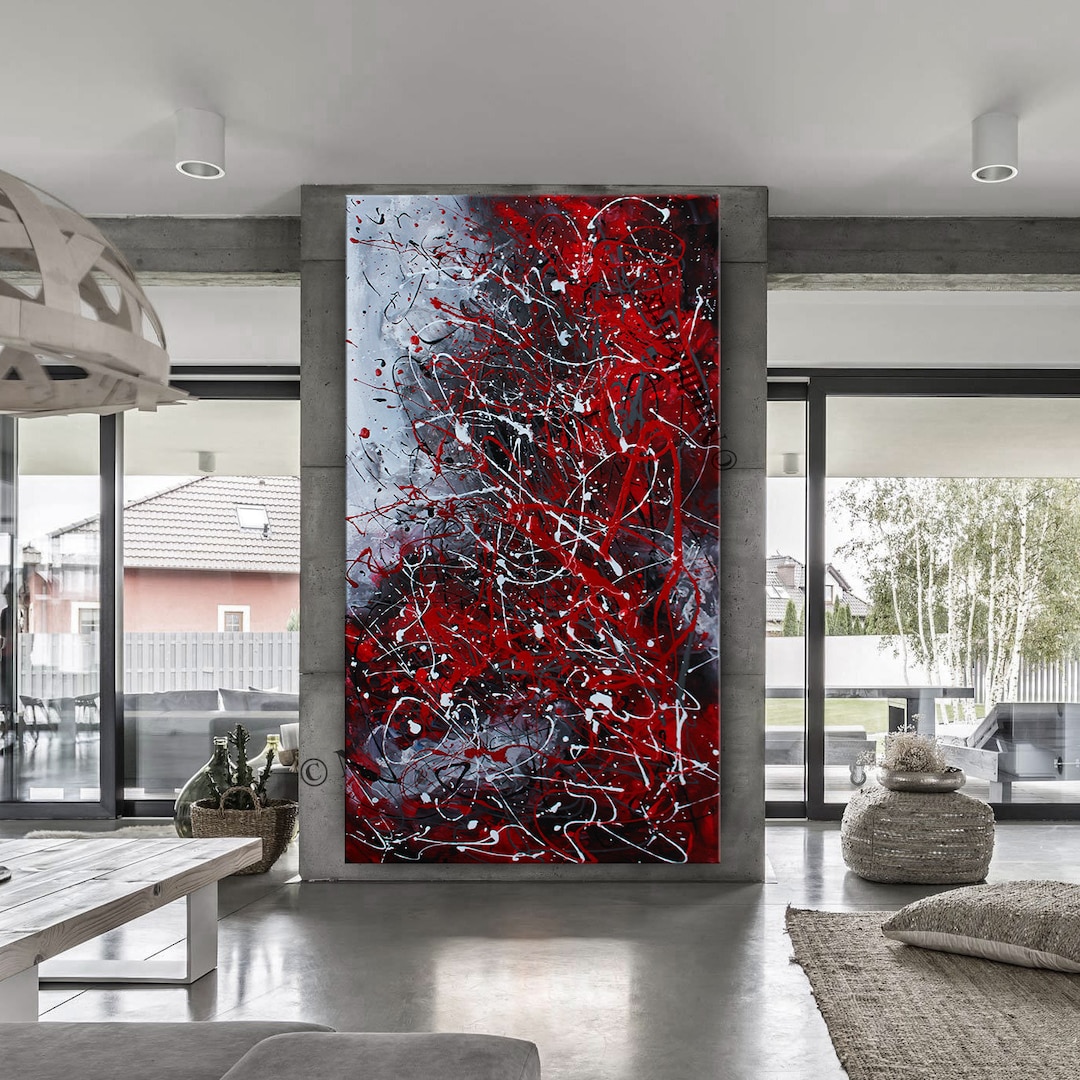 Large Red Abstract Painting on Canvas: Jackson Pollock Style Modern Art ...