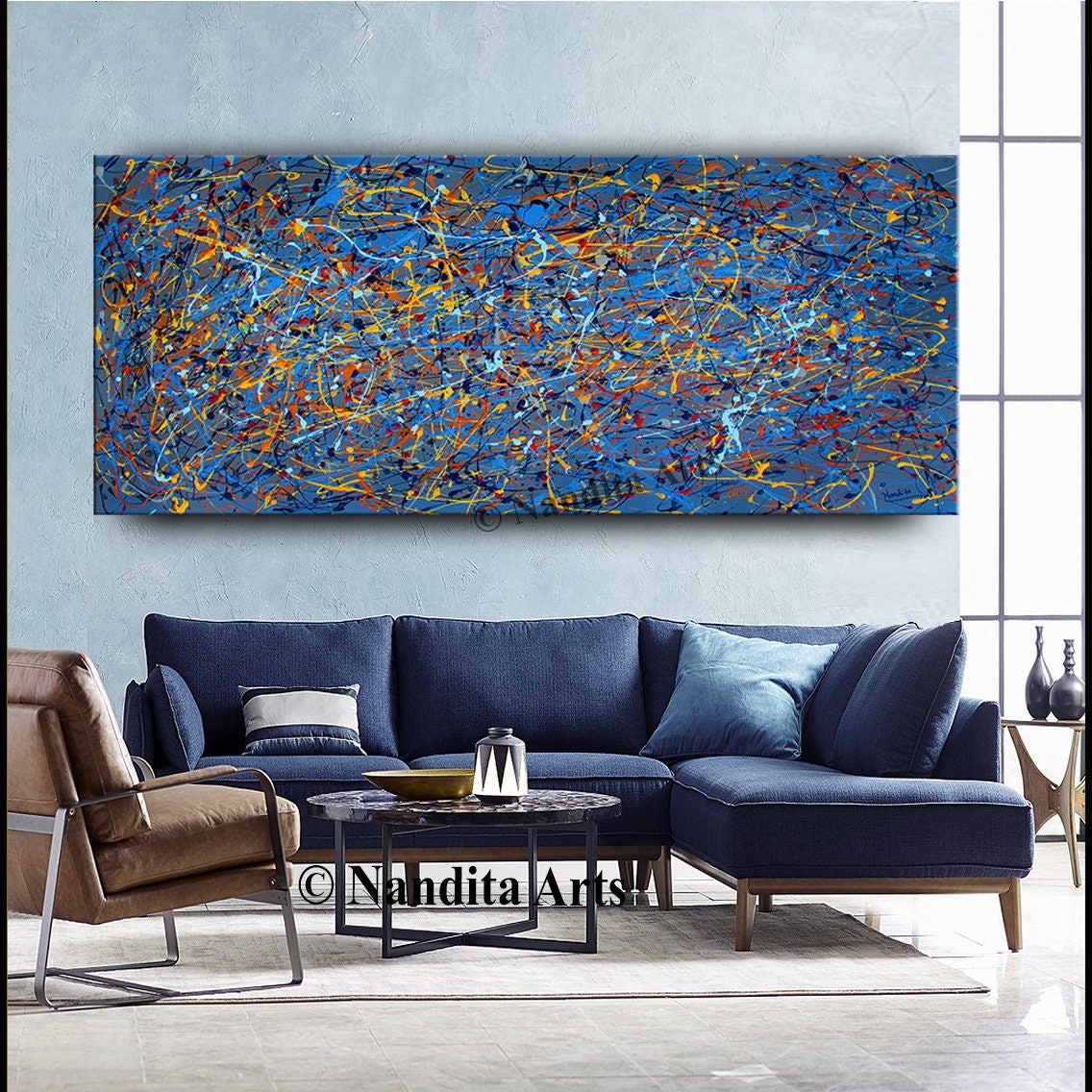 Large Blue Jackson Pollock Style Painting: Modern Abstract Canvas Art ...