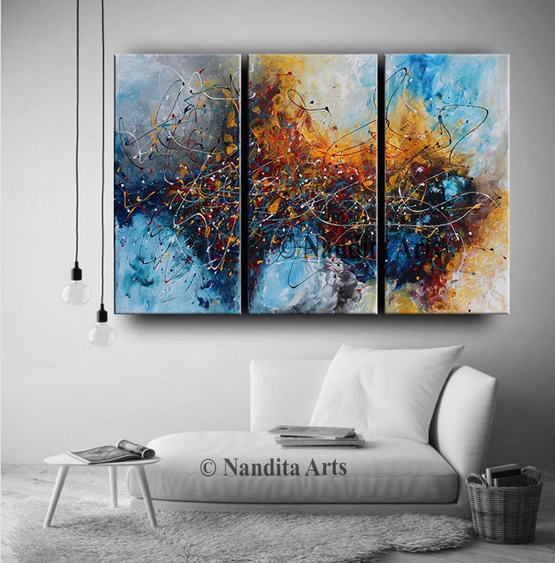 Abstract Blue Jackson Pollock Style Wall Art on Canvas Contemporary Art ...