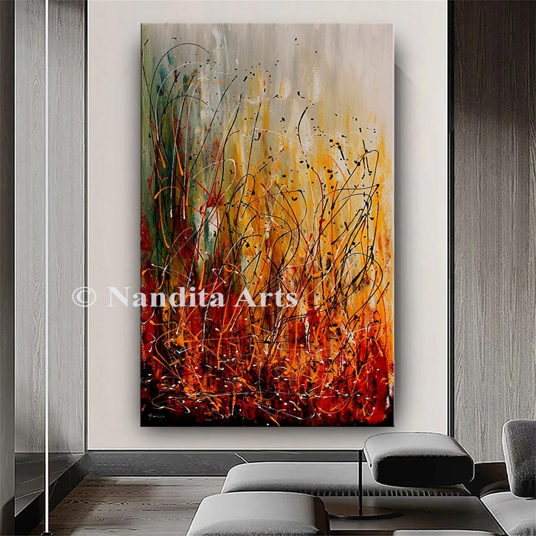 Jackson Pollock Style Abstract Painting: Red Orange Modern Wall Art - Etsy