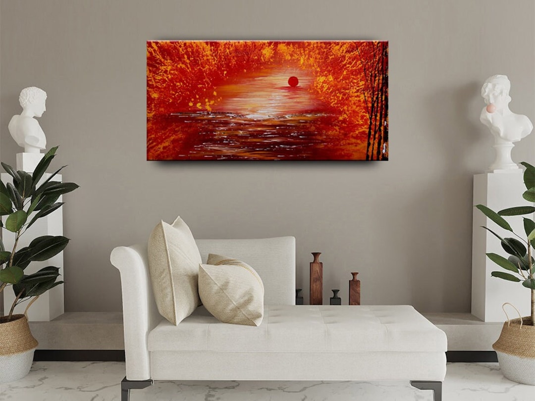 Red Sunsets Landscape Wall Art on Canvas, Original Abstract Painting ...