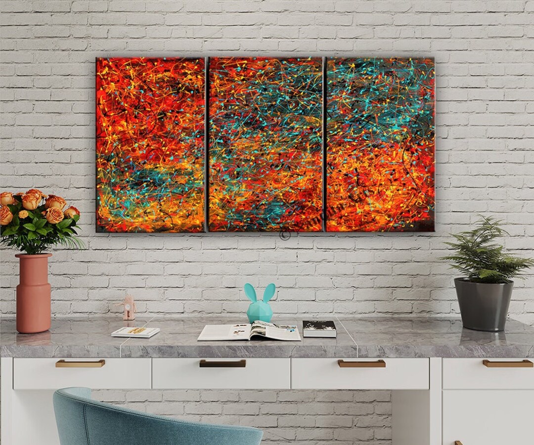 3 Panel Jackson Pollock Style Wall Art, Red and Teal Painting on Canvas ...