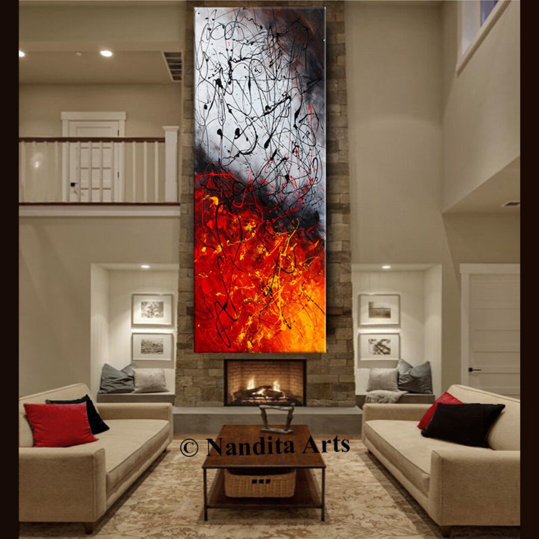 Large Jackson Pollock Style Acrylic Painting: Red Abstract Modern Art ...