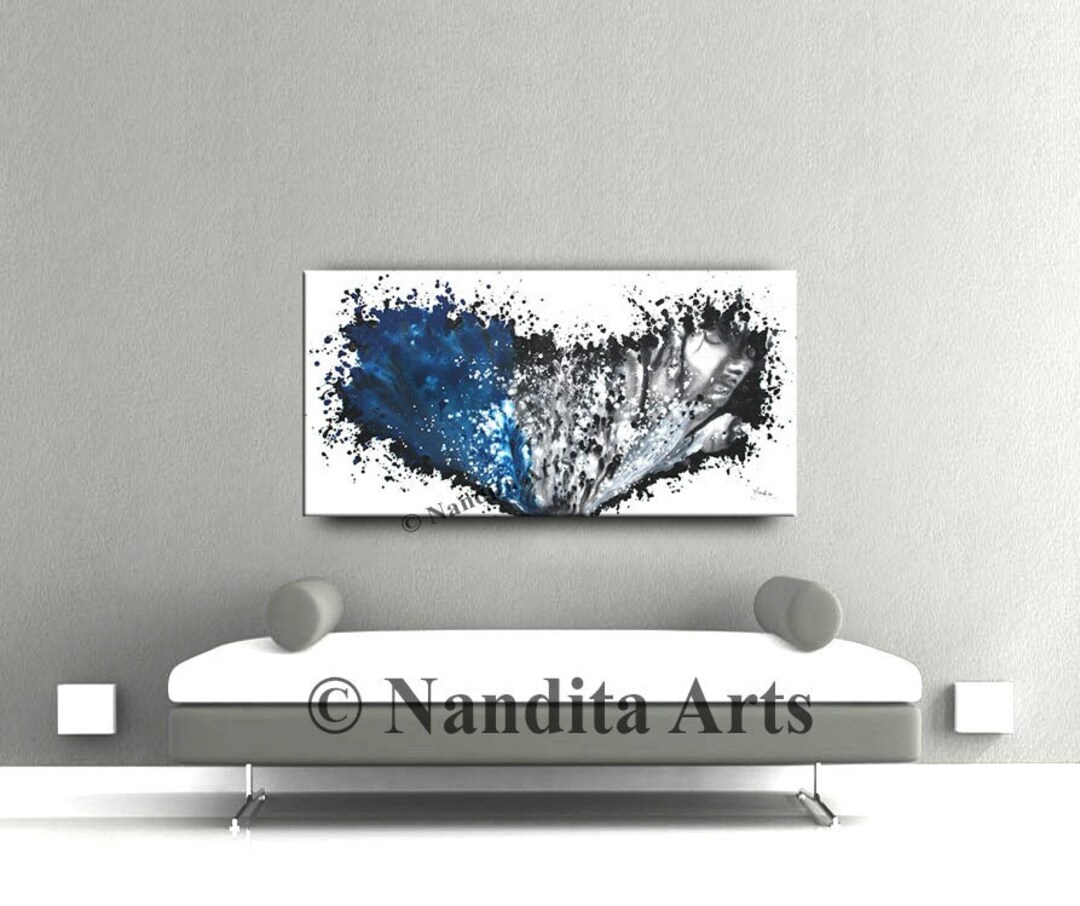 Blue Gray Heart Painting: 48" Modern Abstract Canvas Art by Nandita ...