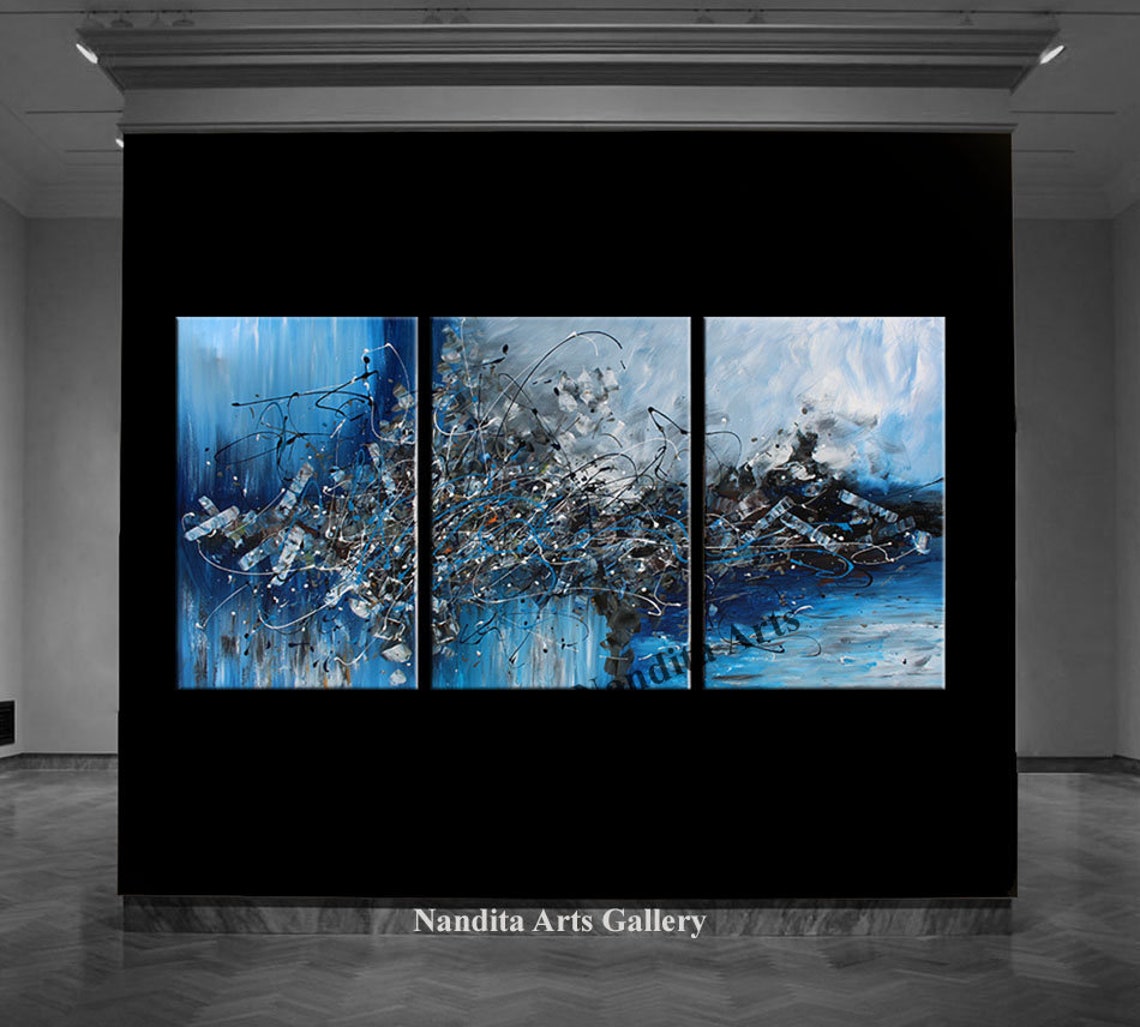 Blue 3-panel Wall Art | Modern Abstract Triptych Decor by Nandita ...