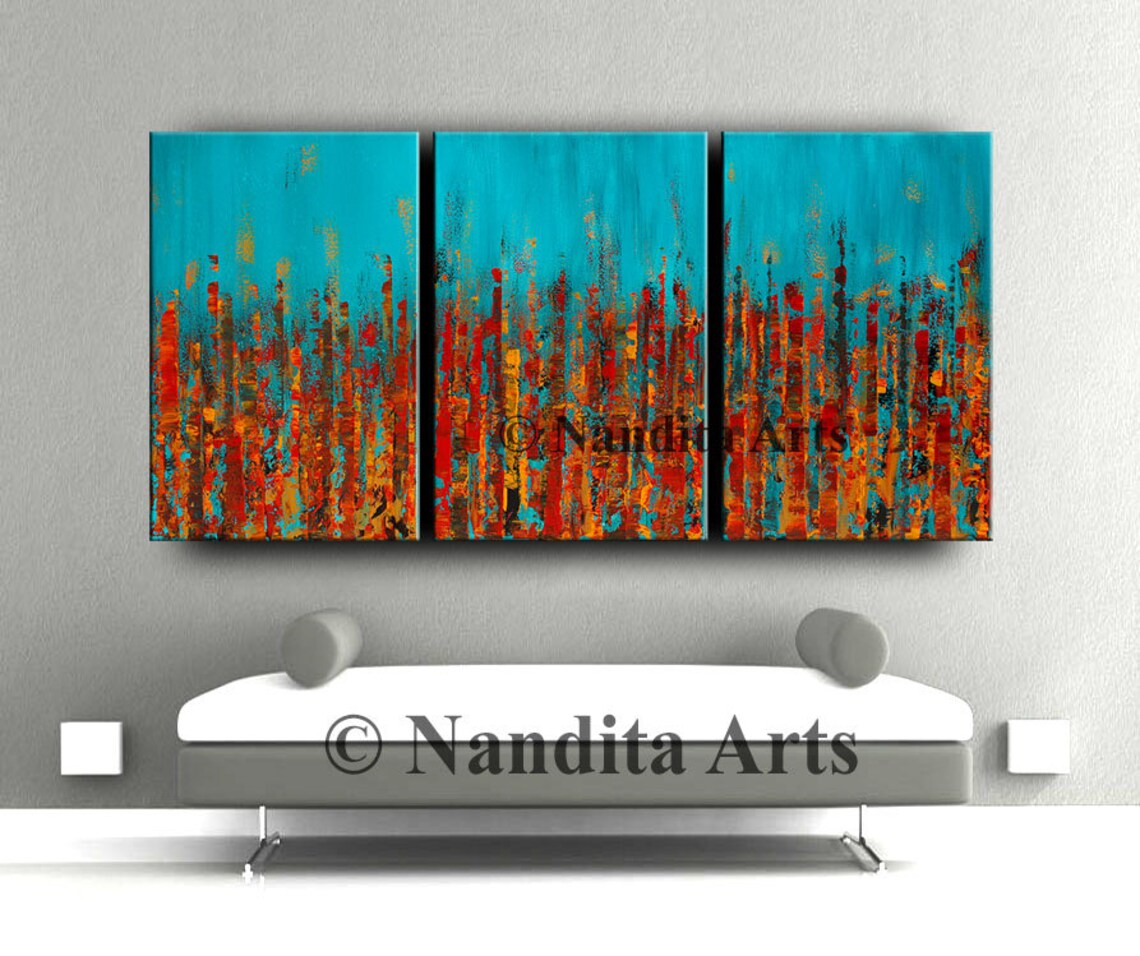 Turquoise Orange Abstract Canvas Art: Modern Triptych Painting - Etsy