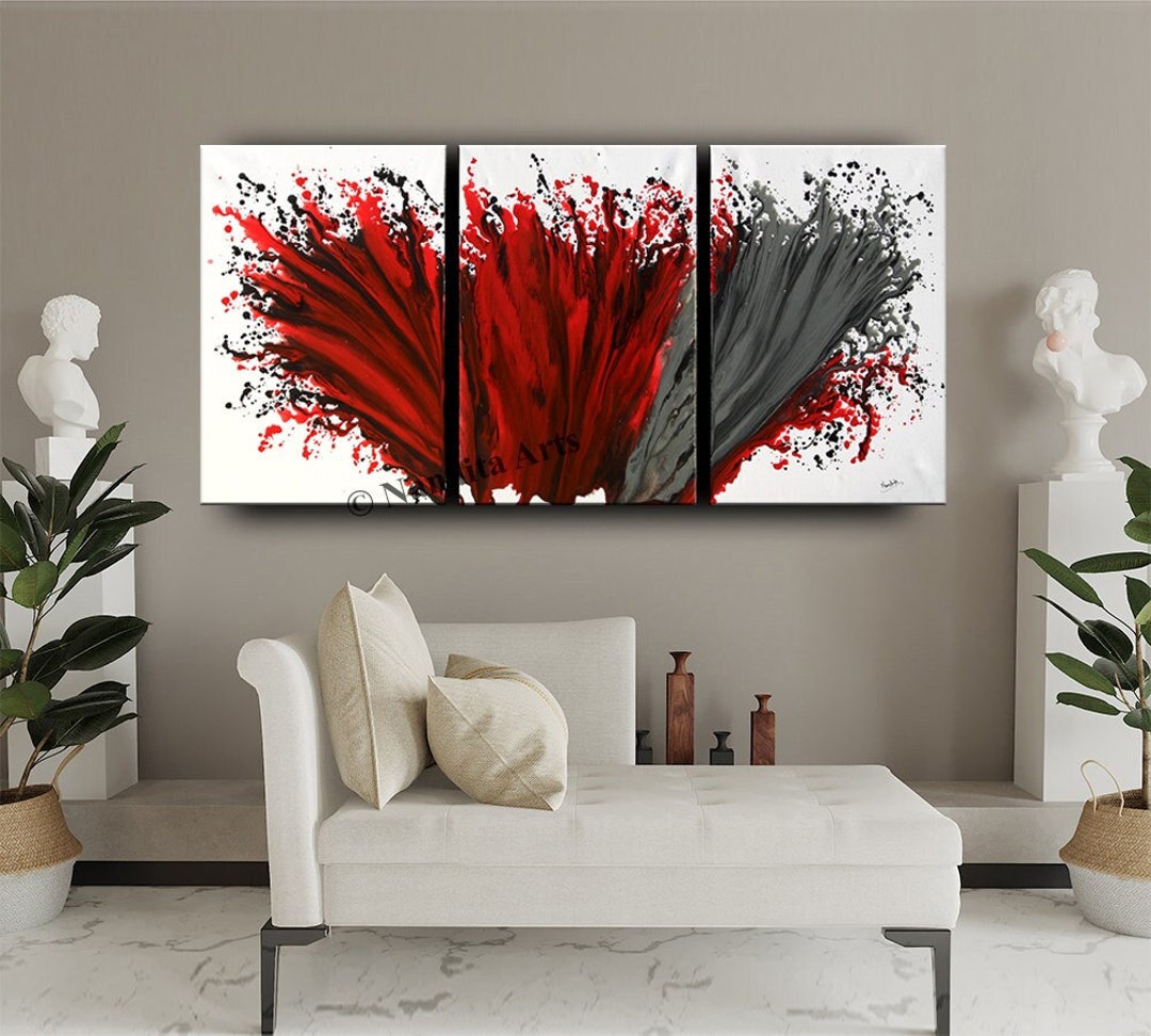 Set of 3 Panels Red Abstract Painting Wall Art on Canvas. Modern ...