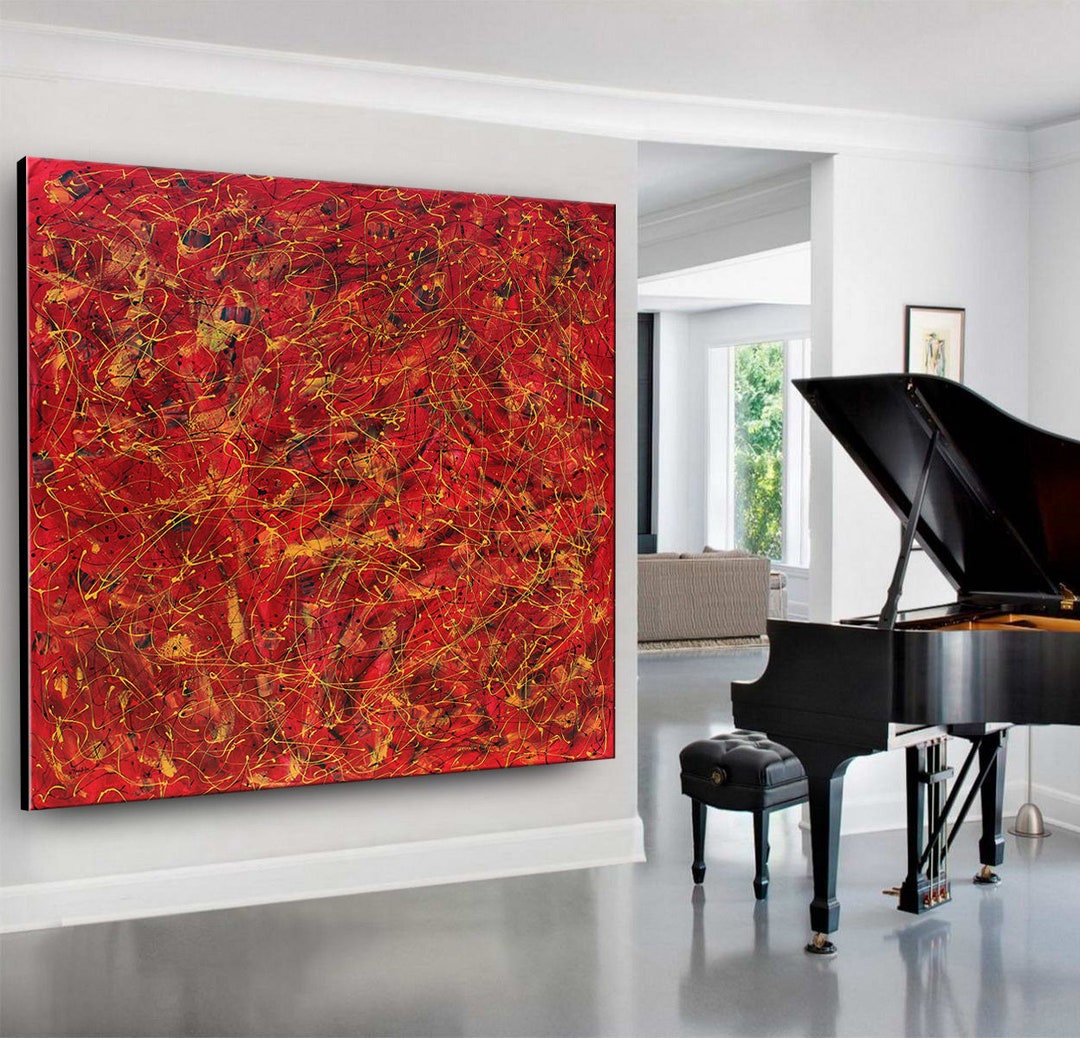 Jackson Pollock Style Red Acrylic Painting: Large Abstract Textured ...