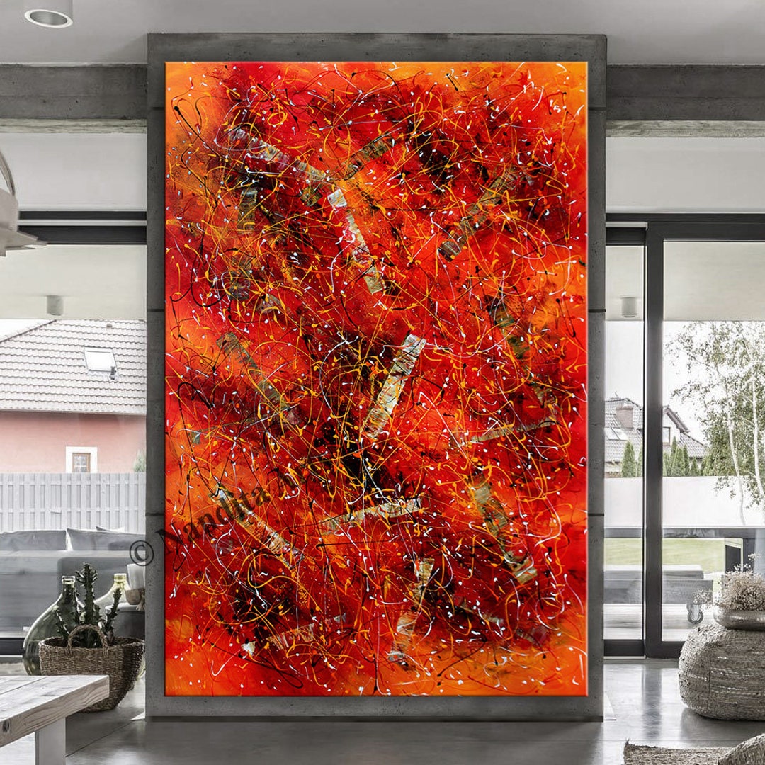 Jackson Pollock Style Red Abstract Painting: Large Modern Wall Art - Etsy