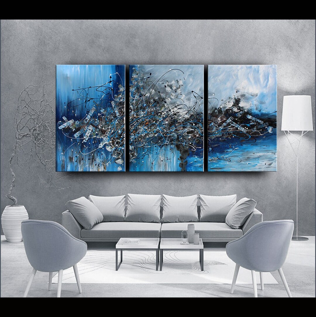 Blue 3-panel Wall Art | Modern Abstract Triptych Decor by Nandita ...