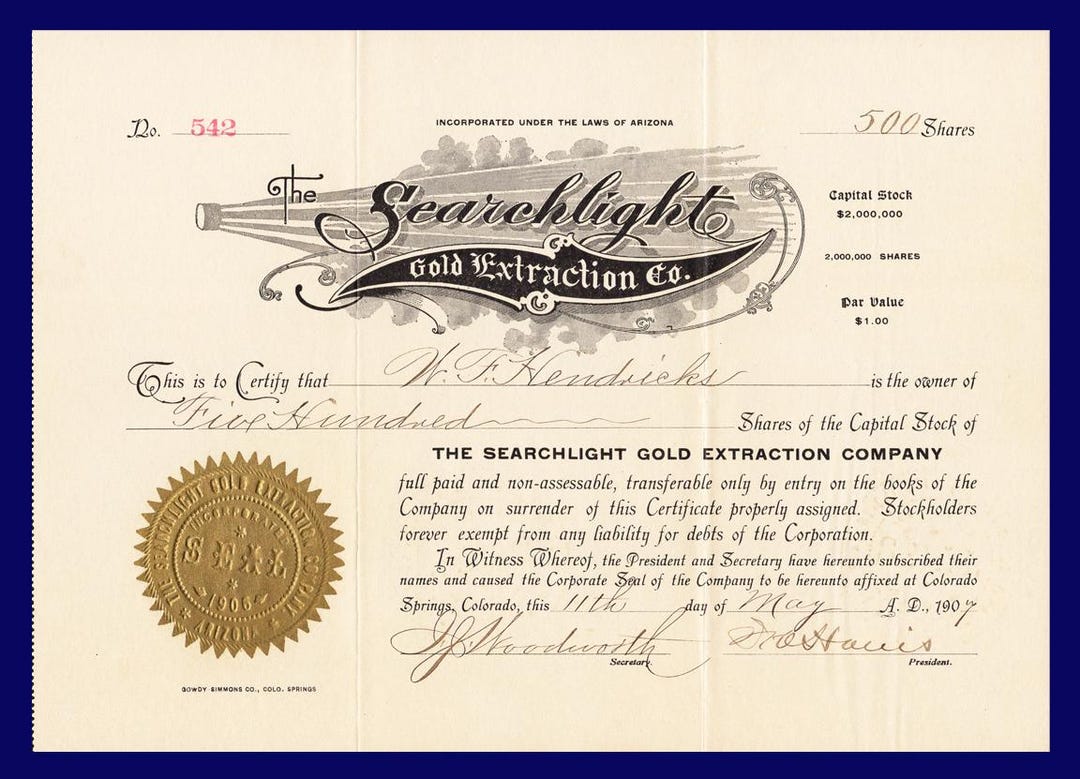 1907 SEARCHLIGHT NEVADA Gold Extraction Company Stock Certificate ...