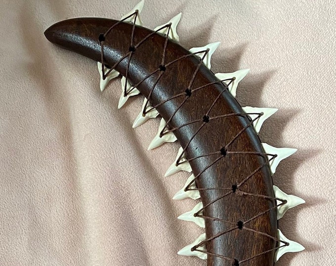 Ipe Wood Curved Sword With Shark Teeth & Feathers - Leiomano Hawaiian ...