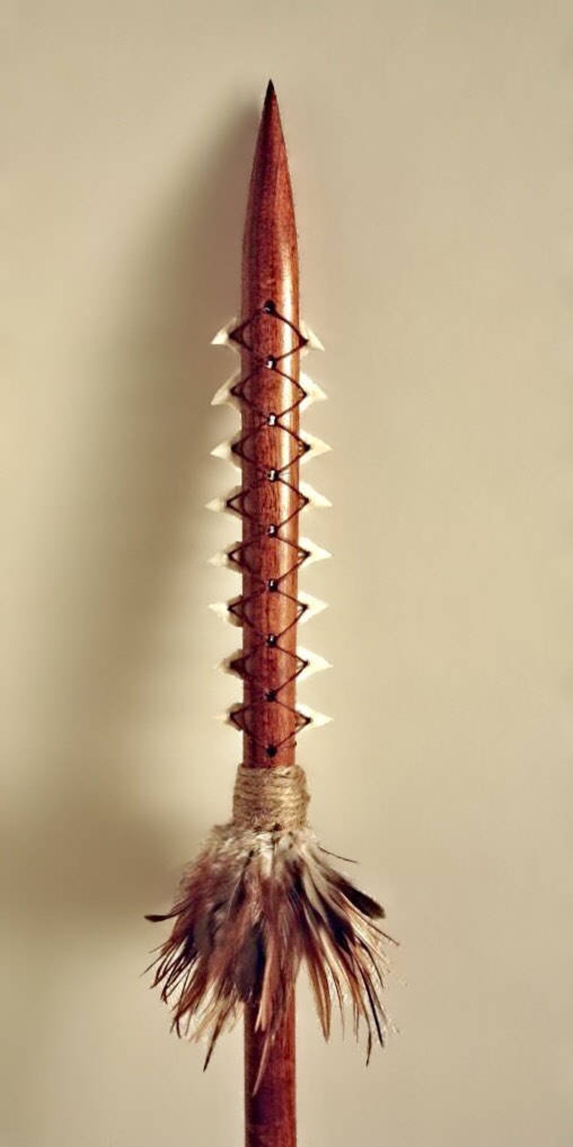 5ft Koa Wood Spear With Shark Teeth & Feathers - Leiomano Hawaiian ...