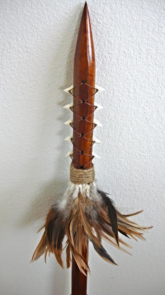 3ft Koa Wood Spear With Shark Teeth & Feathers - Leiomano Hawaiian ...