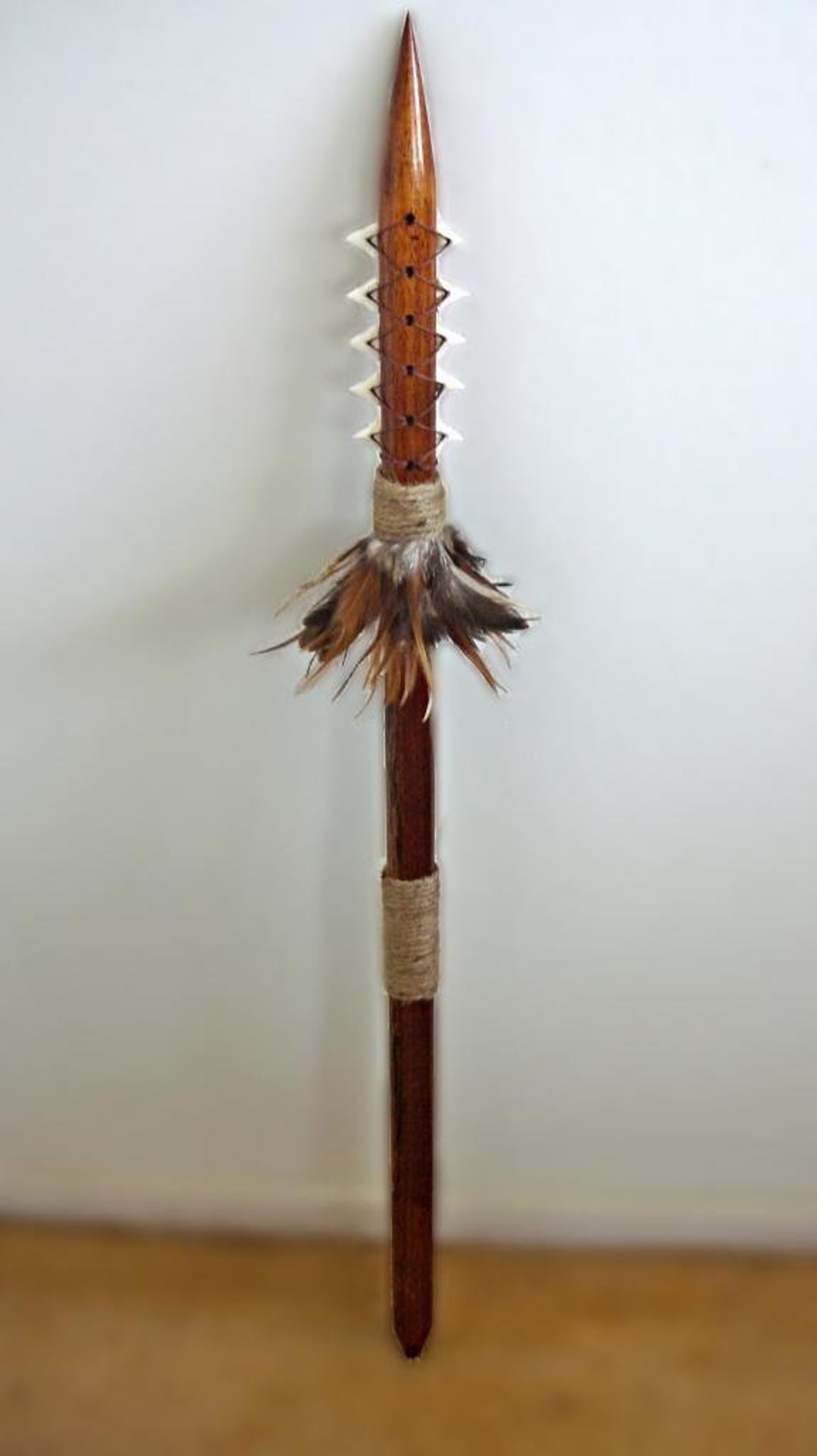 3ft Koa Wood Spear With Shark Teeth & Feathers Leiomano - Etsy