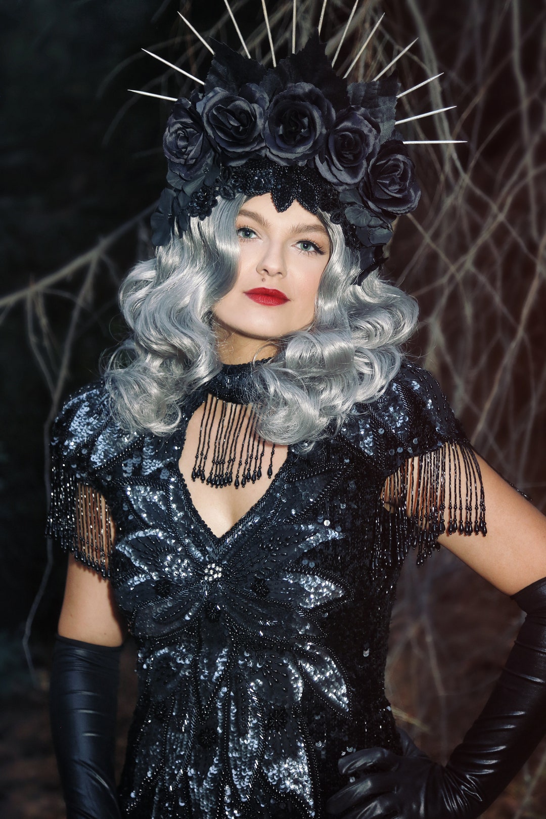 Silver Wig/ Flower Crown/ Day of the Dead Wig / Witch Wig / Voodoo Wig ...