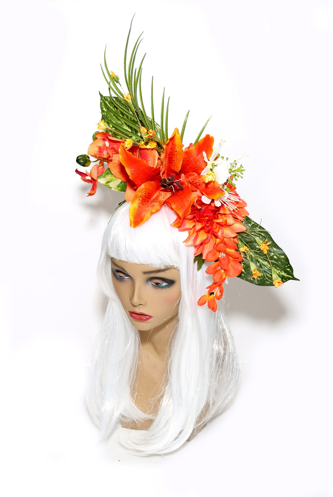 Tropical Headpiece/floral Hat/ Pinup Style Hat/ Headband/ Orange Hat ...