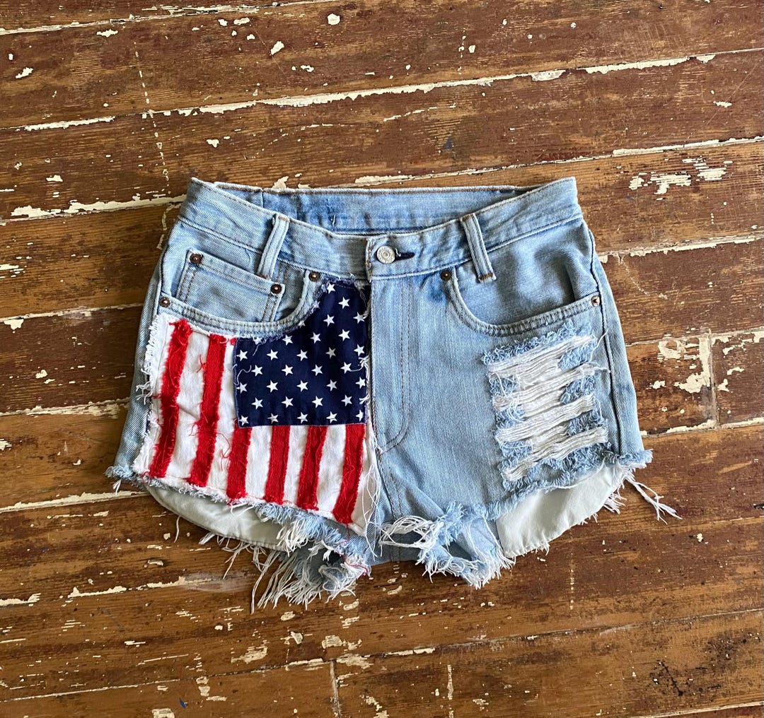 Vintage Levi 505 Denim Cut off Shorts: American Flag Patch, Distressed ...