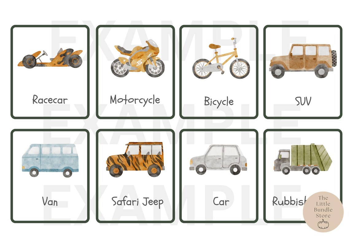 Printable Vehicle Flashcards for Kids Watercolor Trucks Diggers Rescue ...