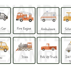Printable Vehicle Flashcards for Kids Watercolor Trucks Diggers Rescue ...