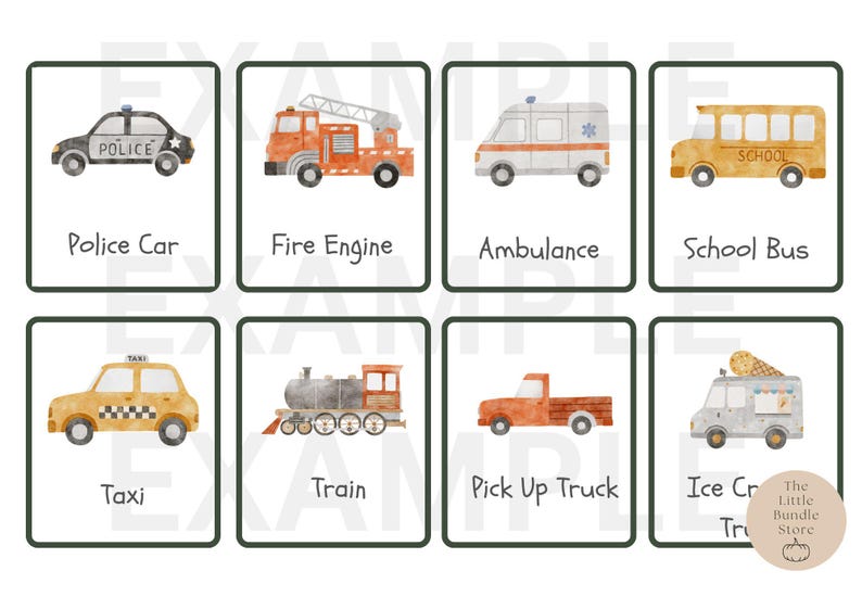 Printable Vehicle Flashcards for Kids Watercolor Trucks Diggers Rescue ...