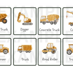 Printable Vehicle Flashcards for Kids Watercolor Trucks Diggers Rescue ...