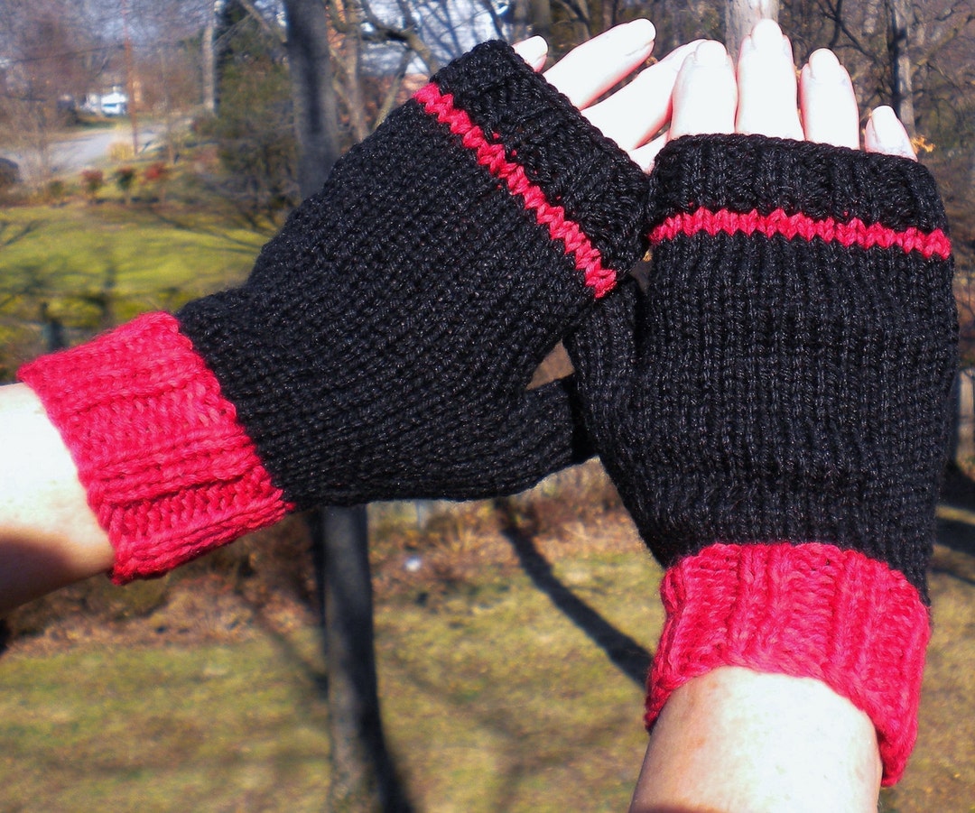 Fingerless Gloves Hand Knit Black & Red Ladies' Merino Wool, Silk and ...