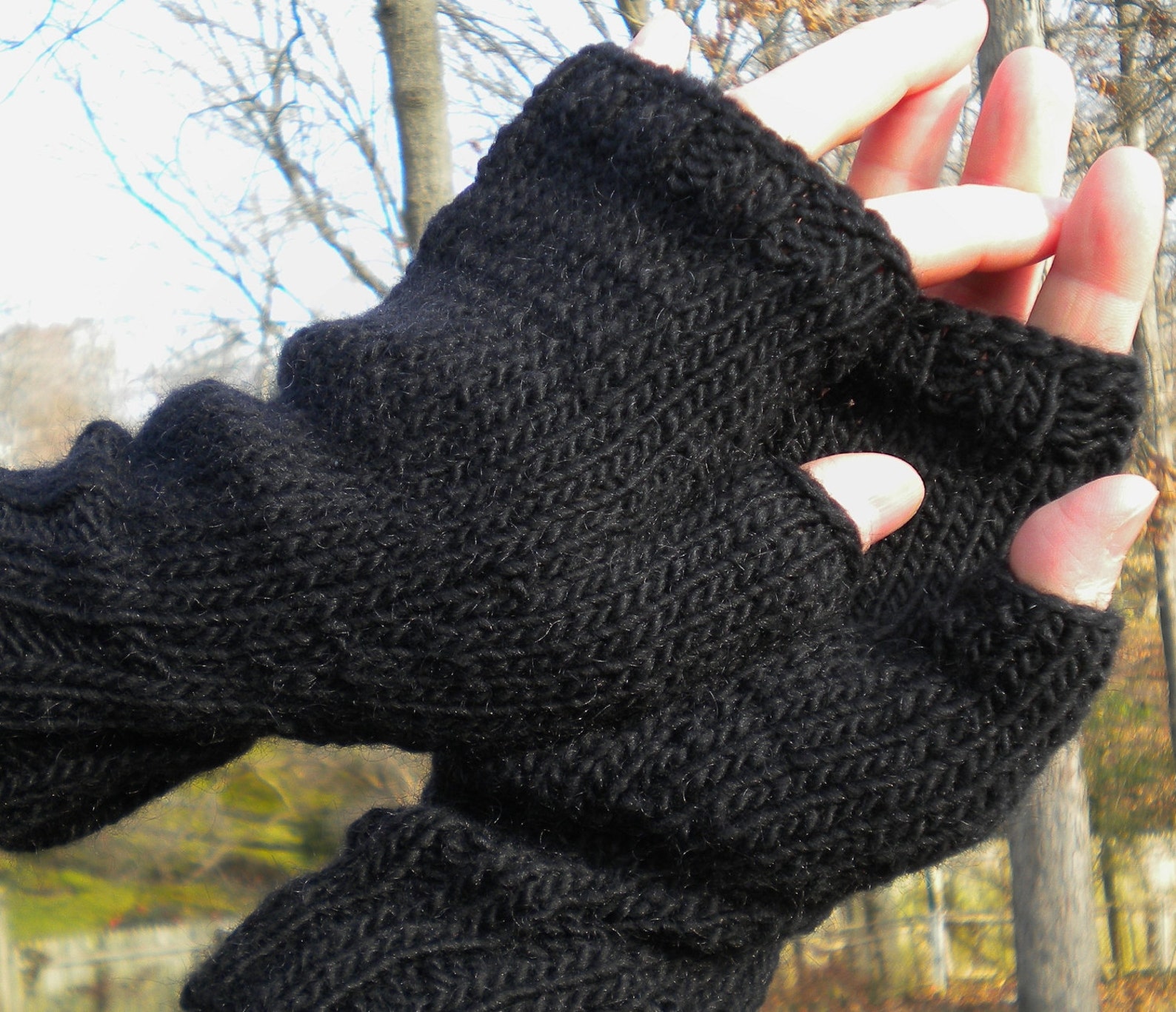 Fingerless Gloves Men's Hand Knit Black Merino Wool & Mohair Gloves ...